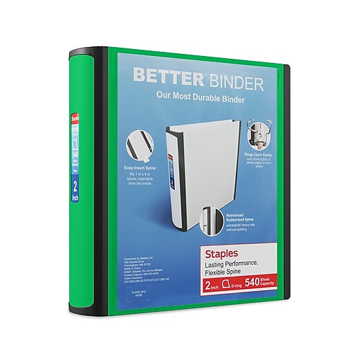 Staples Heavy Duty 2" 3-Ring Better Binder, D-Ring, Green (ST55878-CC ...
