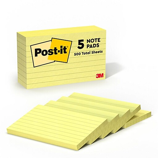 Post-it Notes, 3" x 5", Canary Collection, Lined, 100 Sheet/Pad, 5 Pads ...