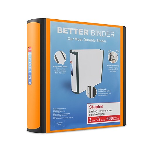 Staples Heavy Duty 3" 3-Ring Better Binder, D-Ring, Orange (ST55892-CC ...