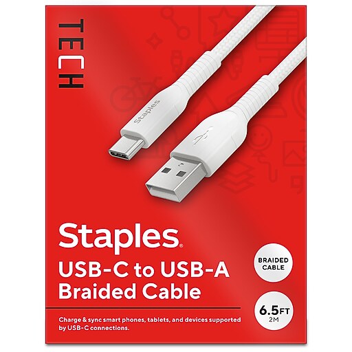 Staples TECH USB-C to USB-A Charging Cable, 6.5 ft., White (ST62338 ...
