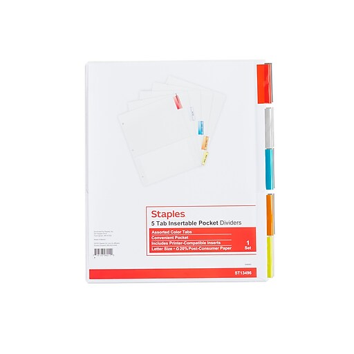 Staples Insertable Paper Dividers, 5-Tab, Assorted Colors (13496/11270 ...