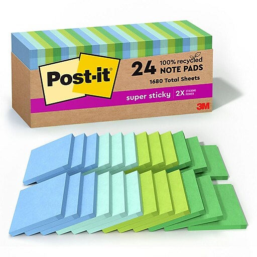 Post-it Recycled Super Sticky Notes, 3" x 3", Oasis Collection, 70 ...