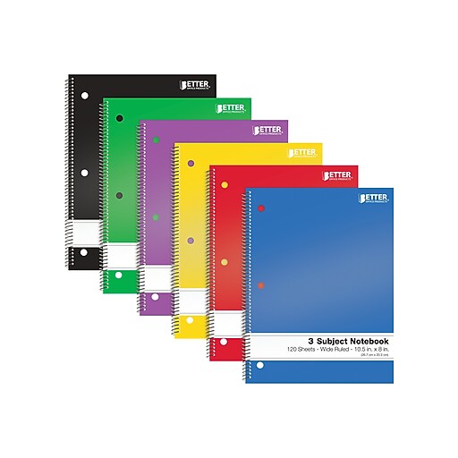 Better Office 3-Subject Notebooks, 8" x 10.5", Wide Ruled, 120 Sheets ...