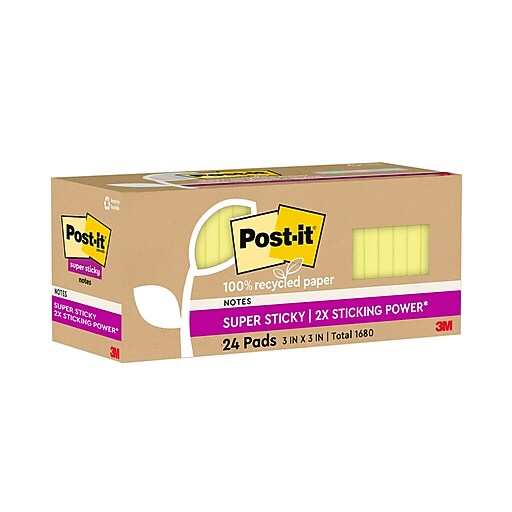 Post-it Recycled Paper Super Sticky Notes, 3" x 3", Canary Collection ...