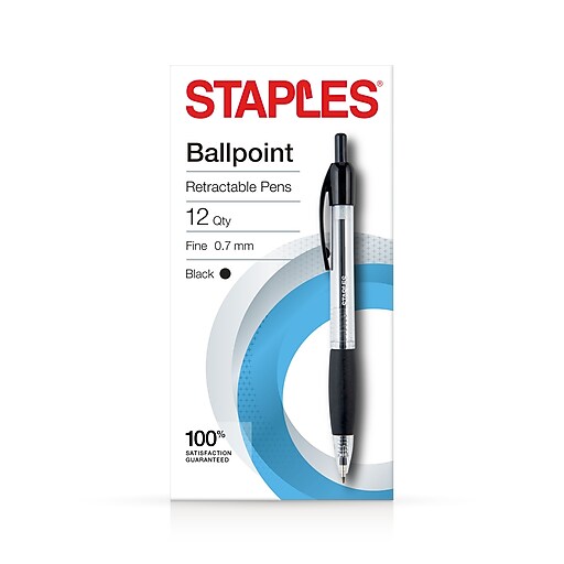 Staples® Retractable Ballpoint Pens, Fine Point, 0.7mm, Black Ink ...