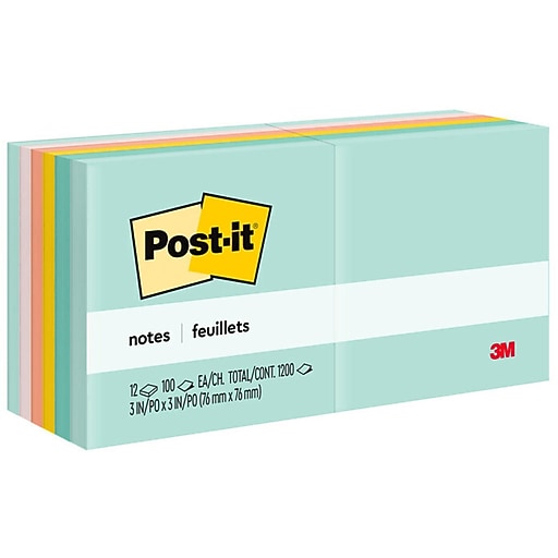 Post-it Notes, 3" x 3", Beachside Café Collection, 100 Sheet/Pad, 12 ...