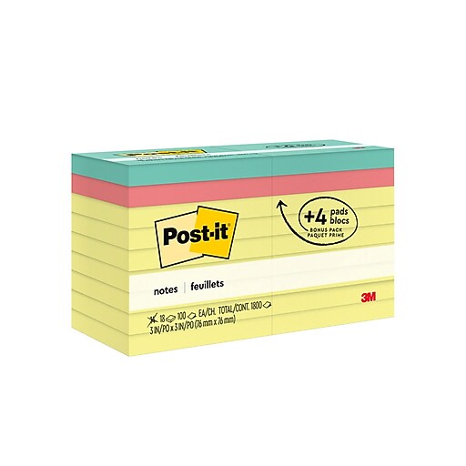 Post-it Notes, 3" x 3", Canary Collection, 100 Sheet/Pad, 18 Pads/Pack ...