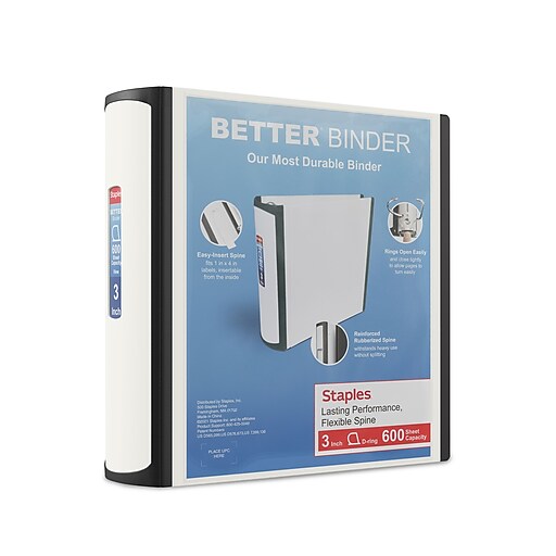 Staples Heavy Duty 3" 3-Ring Better Binder, D-Ring, White (ST55887-CC ...