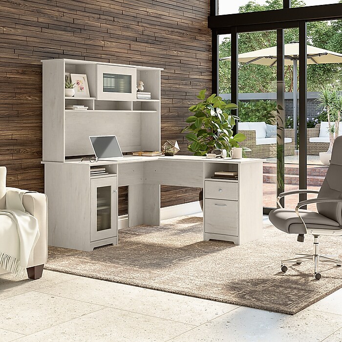 Bush Furniture Cabot 60 W L Shaped Computer Desk with Hutch and Storage Linen White Oak CAB001LW Staples