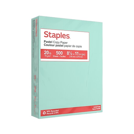Staples Pastel 30% Recycled Color Copy Paper, 20 lbs., 8.5" x 11", Turquoise, 500 Sheets/Ream ...