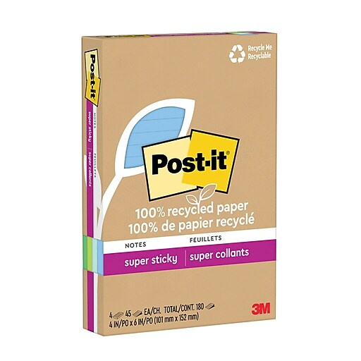 Post-it Recycled Super Sticky Notes, 4" x 6", Oasis Collection, 45 ...