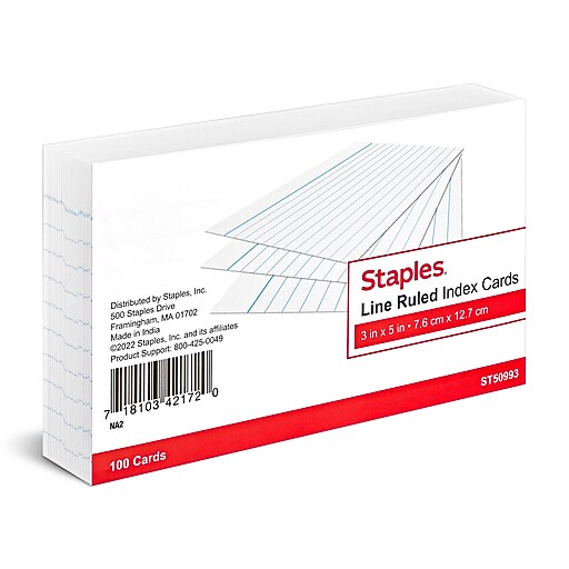 Staples 3" x 5" Index Cards, Narrow Ruled, White, 100/Pack (TR50993 ...