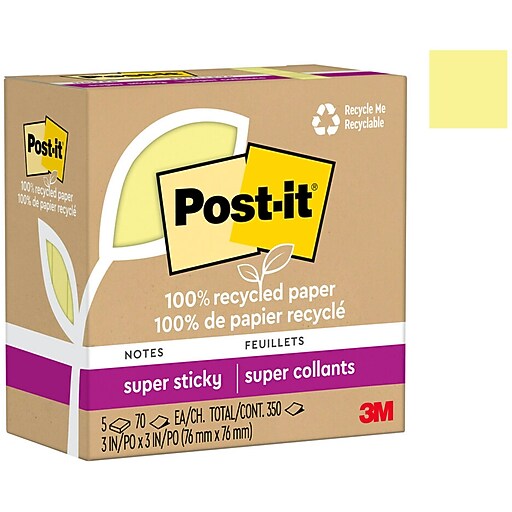 Post-it Recycled Super Sticky Notes, 3" x 3", Canary Collection, 70 ...