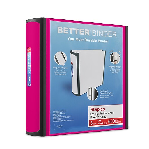 Staples Heavy Duty 3" 3-Ring Better Binder, D-Ring, Pink (ST55890-CC ...