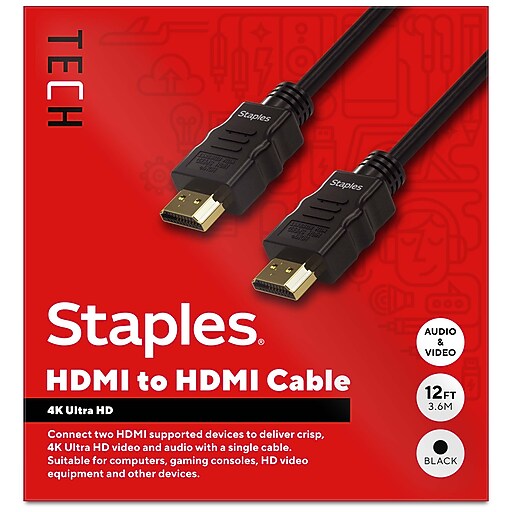 Staples TECH 12 ft. HDMI to HDMI Audio/Video Cable, Male to Male, Black ...