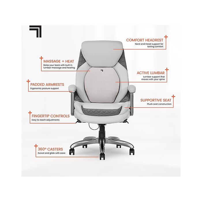 Sharper Image S 600 Active Lumbar Heated Ergonomic Bonded Leather Swivel Executive Massage Chair Off White 60098 OWHT Staples