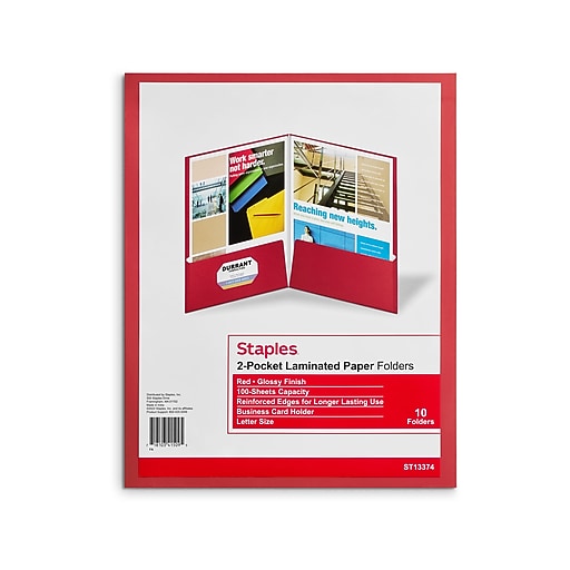 Staples Glossy 2-Pocket Paper Folder, Red, 10/Pack (13374-CC) | Staples