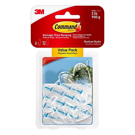 Command Medium Hooks, 2 lb., Clear, 6/Pack (17091CLR-6ES) | Staples