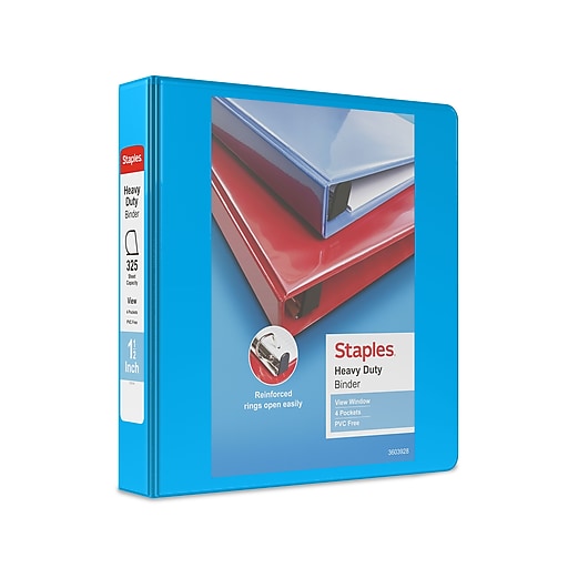 Staples Heavy Duty 1 1/2" 3-Ring View Binder, D-Ring, Light Blue ...