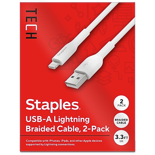 Staples TECH Lightning to USB-A Charging Cable, 3.3 ft., White, 2/Pack ...