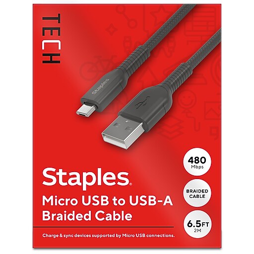 Staples TECH Micro USB to USB-A Charging Cable, 6.5 ft., Black (ST62328 ...