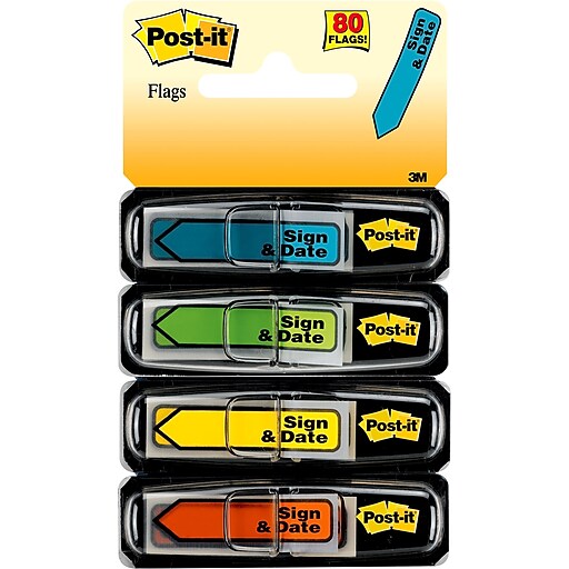 Post-it® 'Sign and Date' Message Flags, 0.47" Wide, Assorted Colors, 80 ...