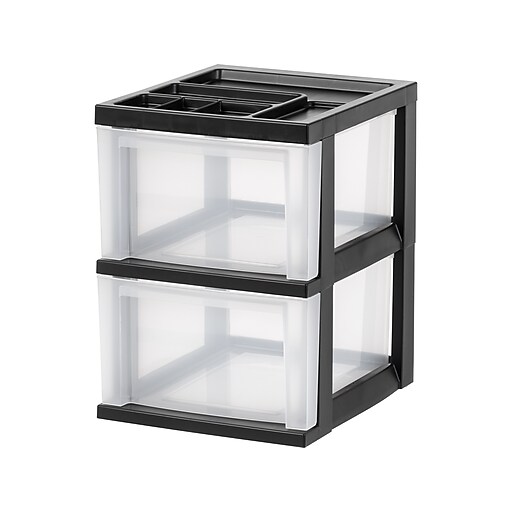 Iris 2-Compartment Stackable Desktop Storage Drawer, Black/Translucent ...