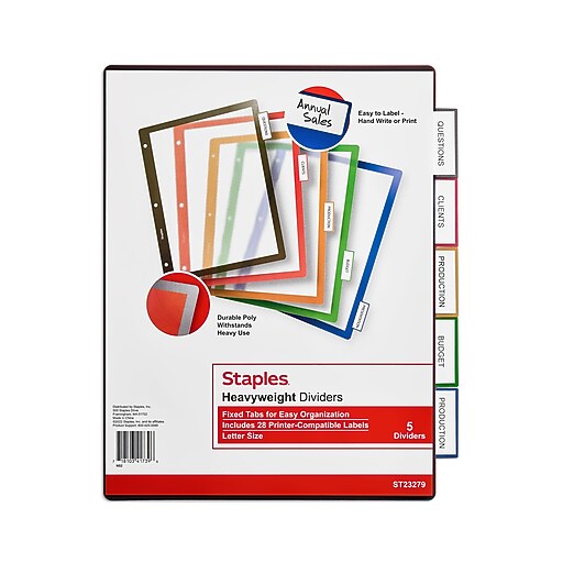 Staples Better Print & Apply Label Plastic Divider, 5 Tabs, Assorted ...