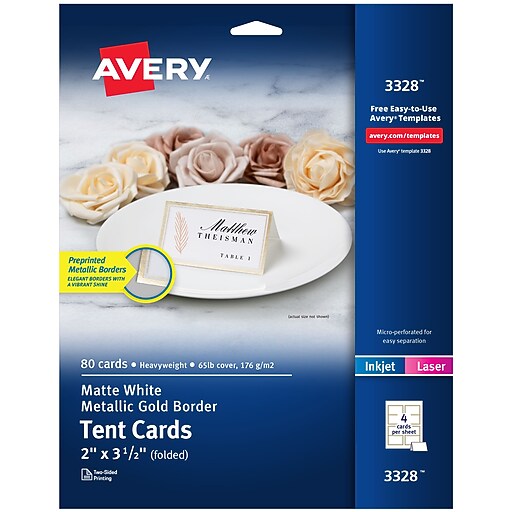 Avery 2" x 3.5" White/Gold Matte Table Tent, Laser/Inkjet, 80 Cards ...