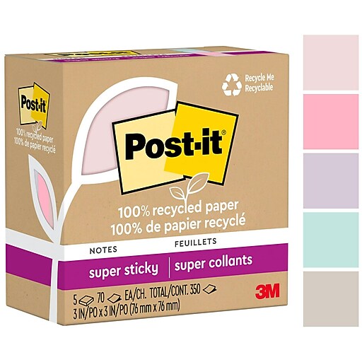Post-it Recycled Super Sticky Notes, 3" x 3", Wanderlust Pastels ...