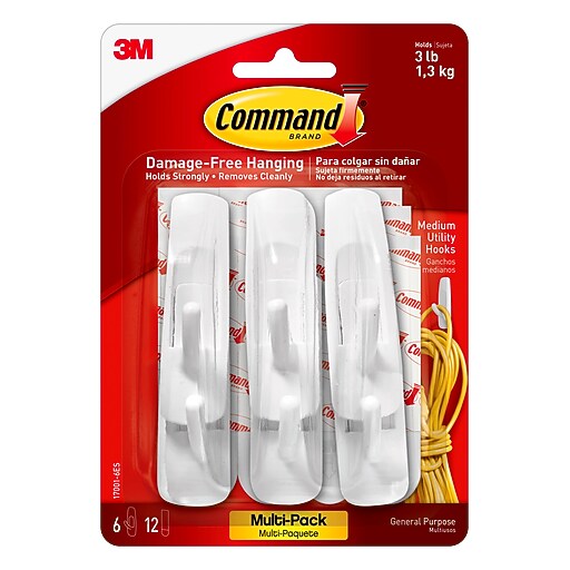 Command Medium Utility Hooks, 3 lb., White, 6/Pack (17001-6ES) | Staples