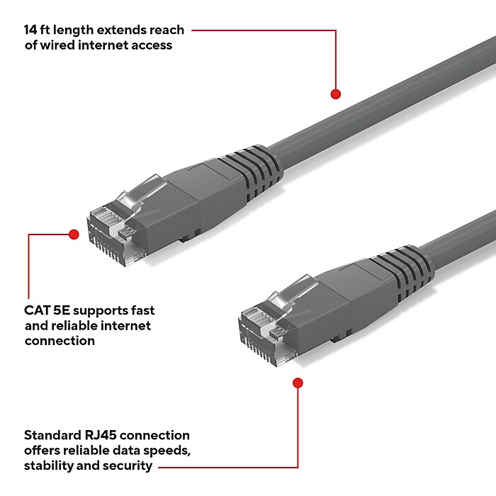 Staples TECH 14 ft. Cat 5E Ethernet Cable Male to Male Gray ST62449 Staples