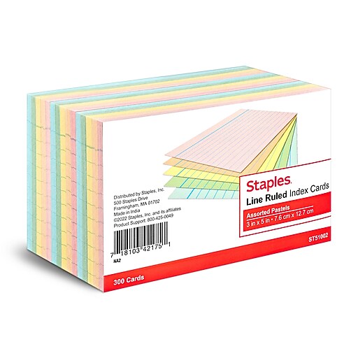 Staples 3" x 5" Index Cards, Lined, Assorted Colors, 300/Pack (TR51002 ...