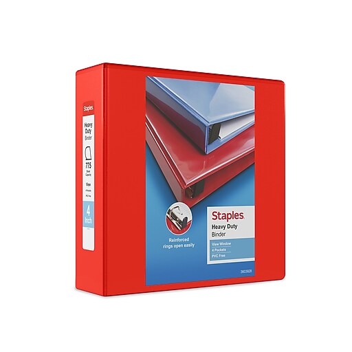 Staples Heavy Duty 4" 3-Ring View Binder, D-Ring, Red (ST56299-CC ...