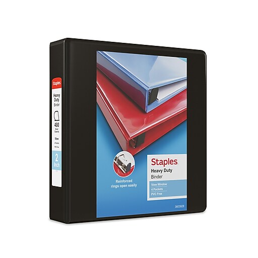 Staples Heavy Duty 2" 3-Ring View Binder, D-Ring, Black (ST56233-CC ...