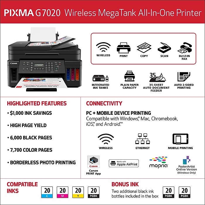 Canon MegaTank PIXMA G7020 Wireless Color Inkjet Printer All In One Supertank Print Scan Copy Fax 3114C002 Staples