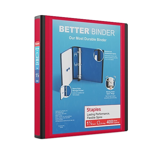 Staples Heavy Duty 1 1/2" 3-Ring Better Binder, D-Ring, Red (ST55860-CC ...