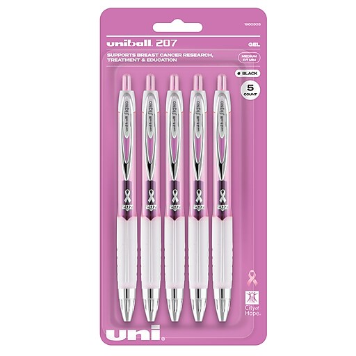 uni-ball 207 Retractable Gel Pens, Medium Point, Black Ink, Pink Ribbon ...