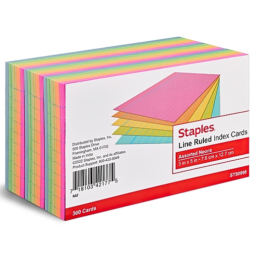 Staples 3" x 5" Index Cards, Lined, Assorted Colors, 300/Pack (TR50998 ...