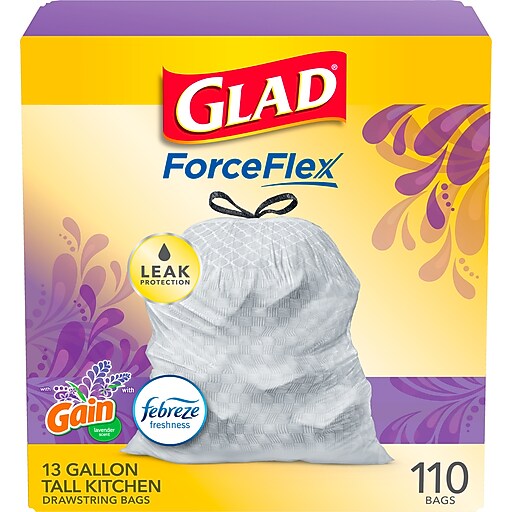 Glad ForceFlex Tall Kitchen Drawstring Trash Bags, 13 Gallon, Gain ...