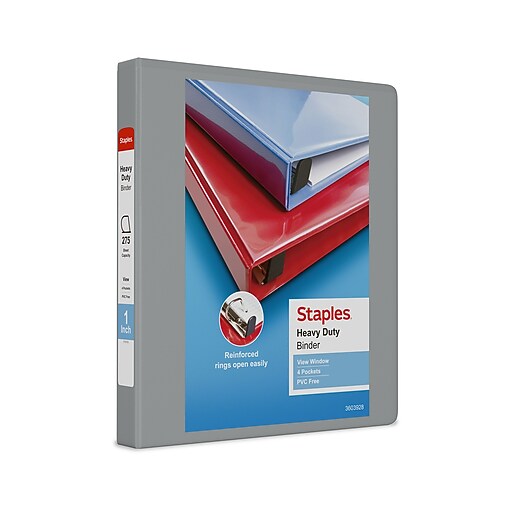 Staples Heavy Duty 1" 3-Ring View Binder, D-Ring, Gray (ST56328-CC ...