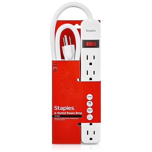 Staples TECH 6-Outlet Power Strip, 3' Cord, White (22147) | Staples