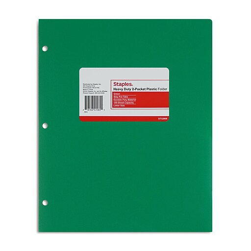 Staples 3-Hole Punched 2-Pocket Plastic Portfolio Folder, Green ...
