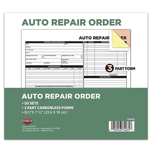 Cosco 3-Part Carbonless Auto Repair Order, 8.5" x 7.5", 50 Sets/Book ...