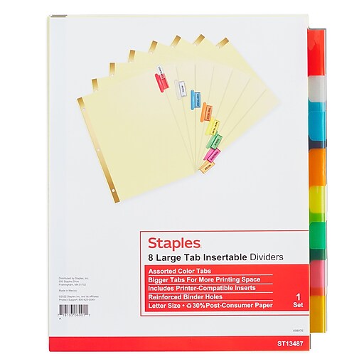 Staples Large Tab Insertable Paper Divider, 8 Tabs, Buff with Assorted ...