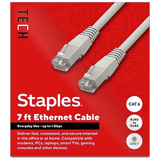 Staples TECH 7 ft. Cat-6 Ethernet Cable, Male to Male, Gray (ST62453 ...