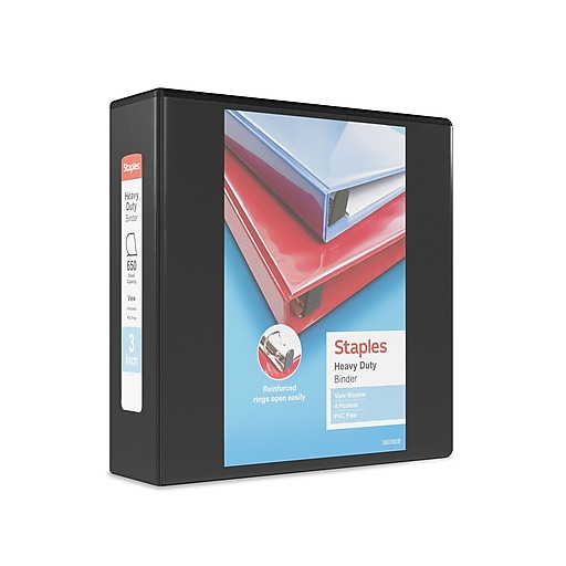 Staples Heavy Duty 3" 3-Ring View Binder, D-Ring, Black (ST56234-CC ...