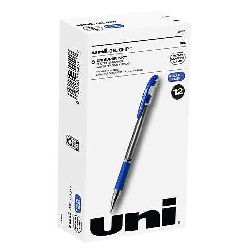 uniball Gel Grip Gel Pens, Medium Point, 0.7mm, Blue Ink, 12/Pack ...