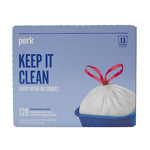 Perk™ 13 Gallon Kitchen Trash Bag, 28" x 24", Low Density, 0.9 mil ...