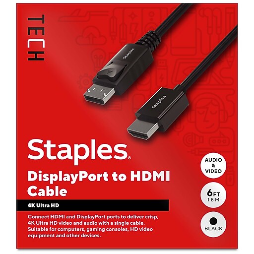 Staples TECH 6 ft. Display Port to HDMI Audio/Video Cable, Male to Male ...